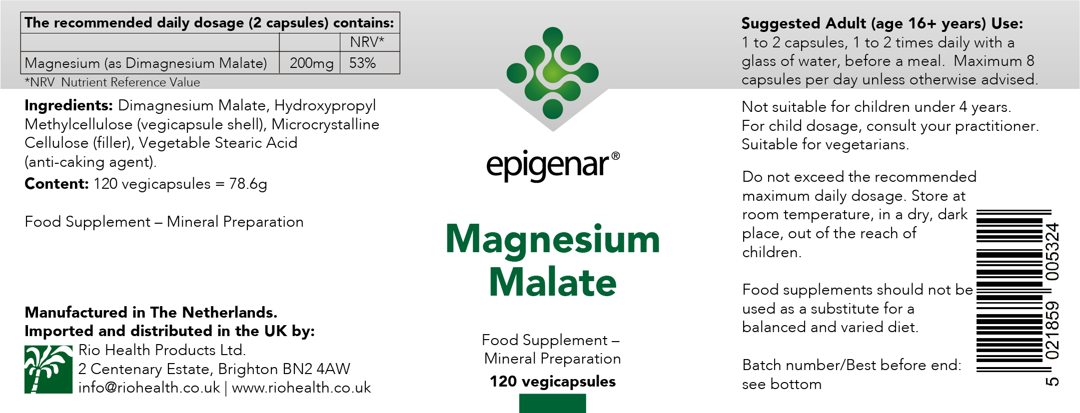 Epigenar Magnesium Malate 120 capsules - Appleseeds Health Store
